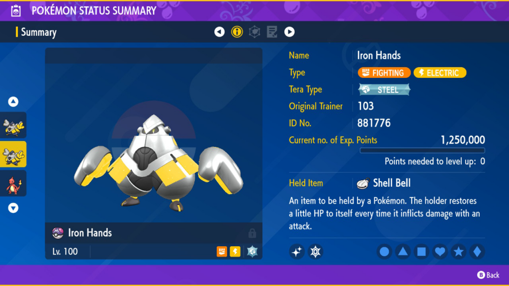 Shiny 6IV Iron Hands with Shell Bell for Pokemon Scarlet & Violet - elymbmx