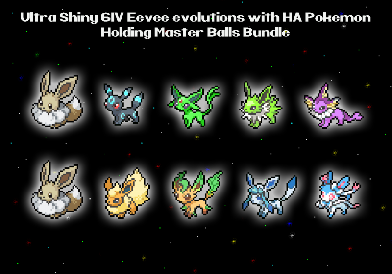 8 x Square Shiny 6IV Eevee Evolutions + 2 x Gigantamax Gmax Eevee holding Master Balls Bundle ...